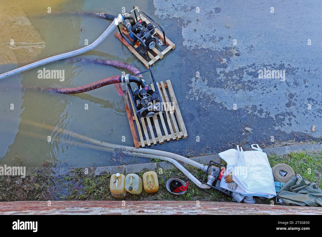 Pumping Out Water After Floods Natural Disaster Top View Stock Photo - Alamy