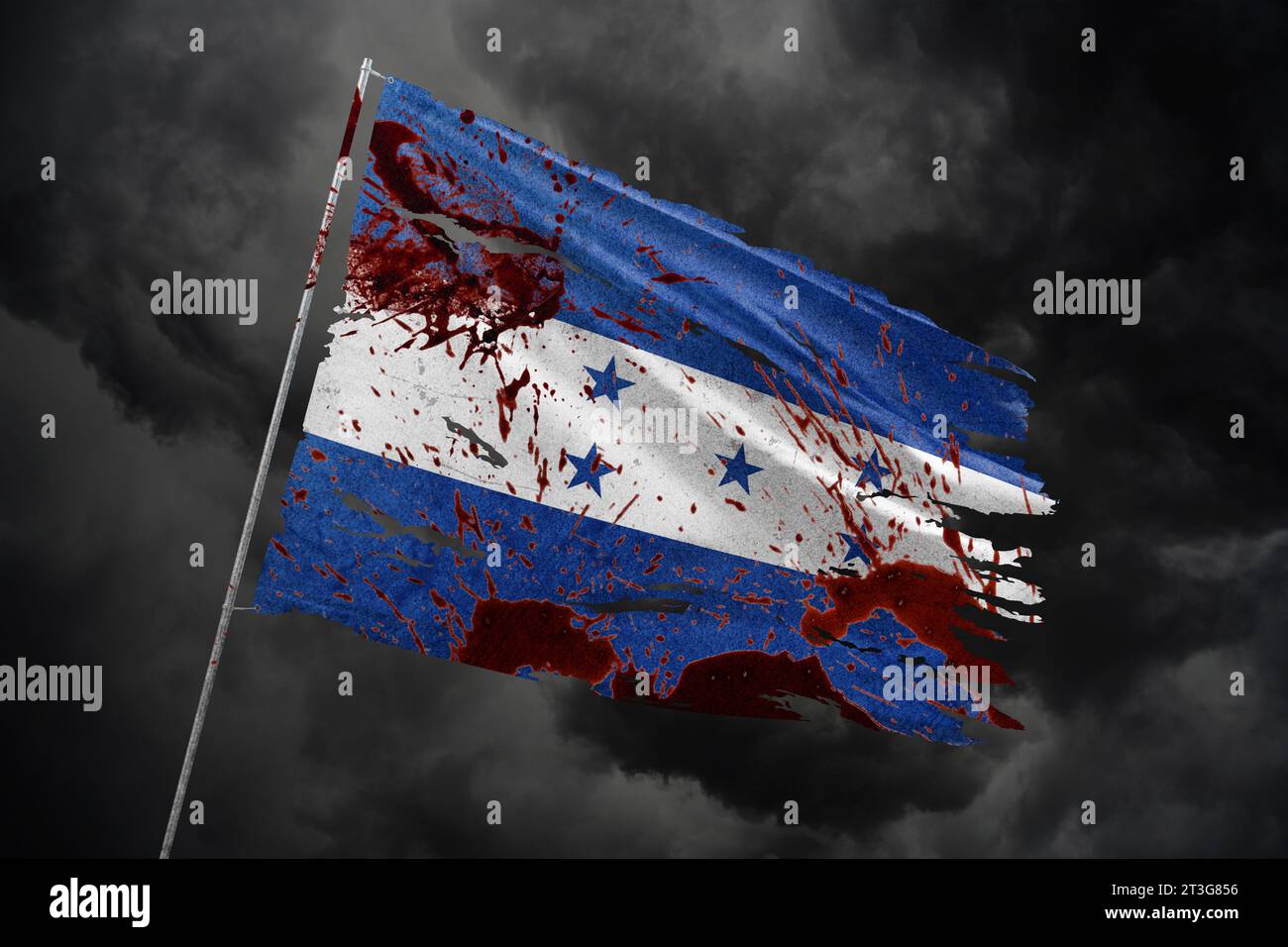 Honduras torn flag on dark sky background with blood stains Stock Photo ...