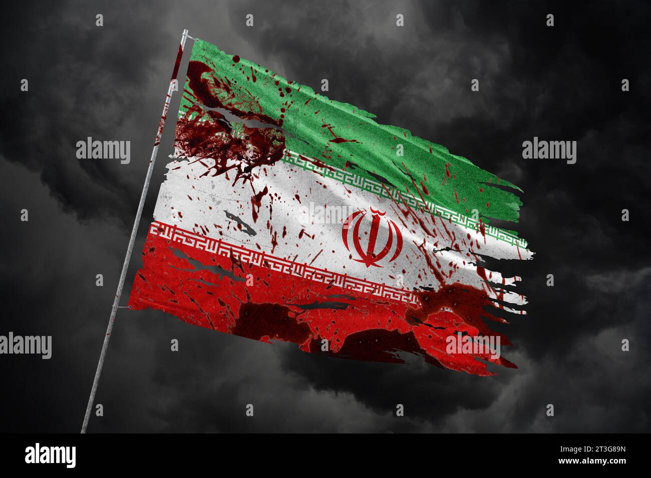 Iran torn flag on dark sky background with blood stains Stock Photo - Alamy