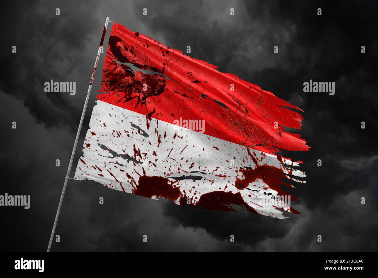 Indonesia torn flag on dark sky background with blood stains Stock ...