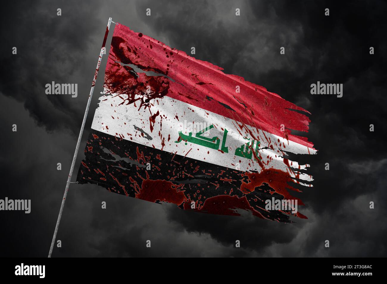 Iraq torn flag on dark sky background with blood stains Stock Photo - Alamy