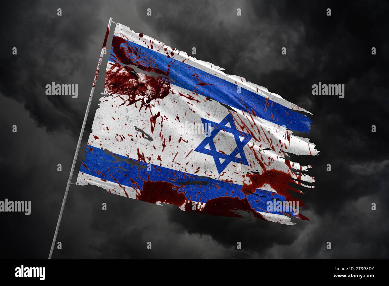 Israel torn flag on dark sky background with blood stains Stock Photo ...