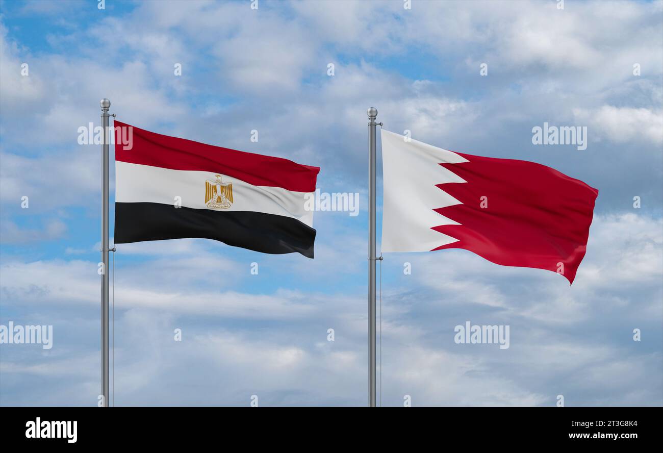 Bahrain and Egypt flags waving together on blue cloudy sky, two country ...
