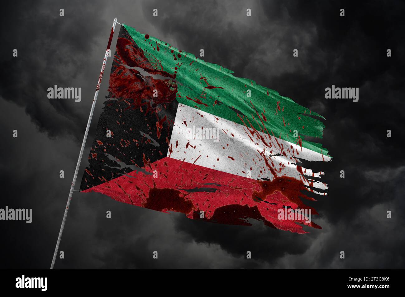 Kuwait torn flag on dark sky background with blood stains Stock Photo ...
