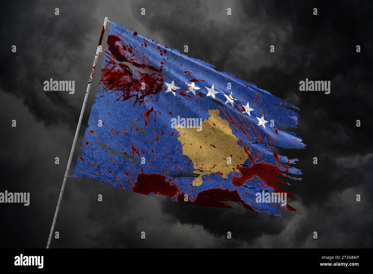 Kosovo torn flag on dark sky background with blood stains Stock Photo ...