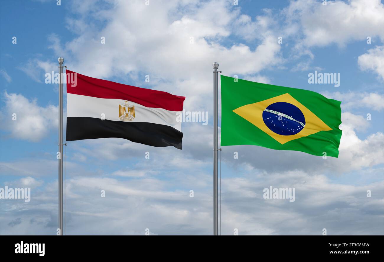 Brazil and Egypt flags waving together on blue cloudy sky, two country ...
