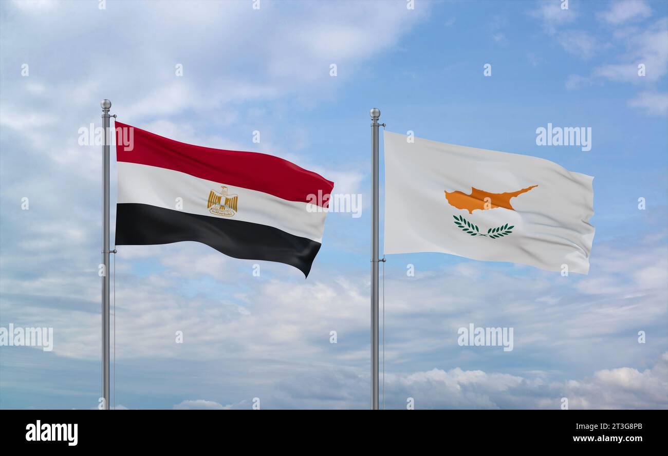 Cyprus and Egypt flags waving together on blue cloudy sky, two country ...