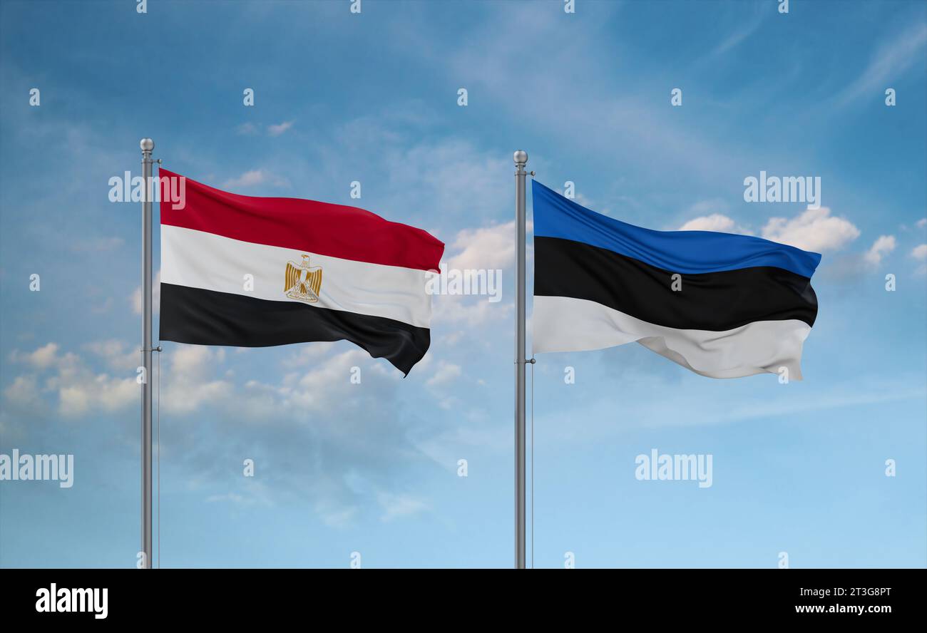 Estonia and Egypt flags waving together on blue cloudy sky, two country relationship concept ...