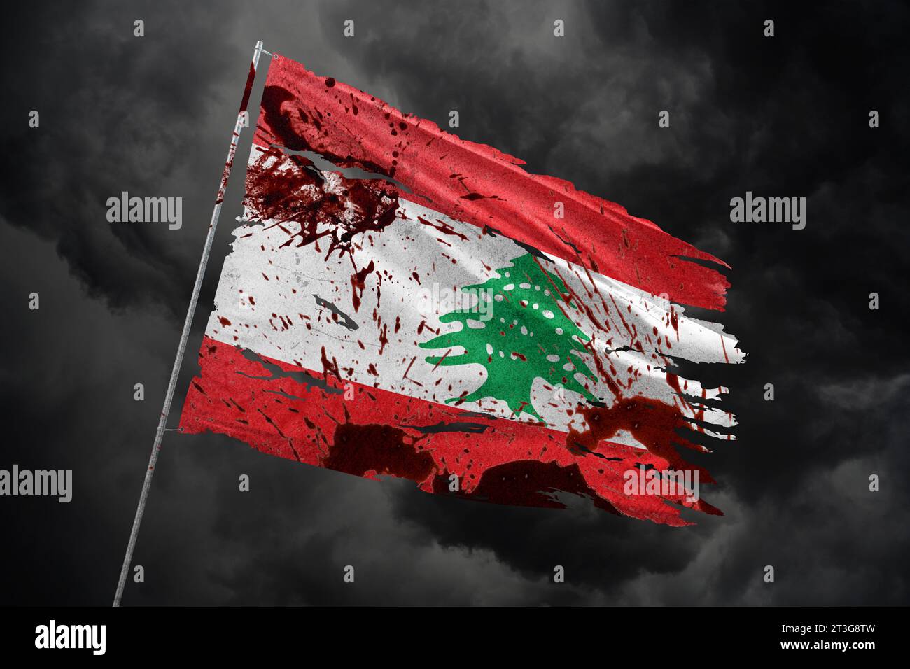 Lebanon torn flag on dark sky background with blood stains Stock Photo ...