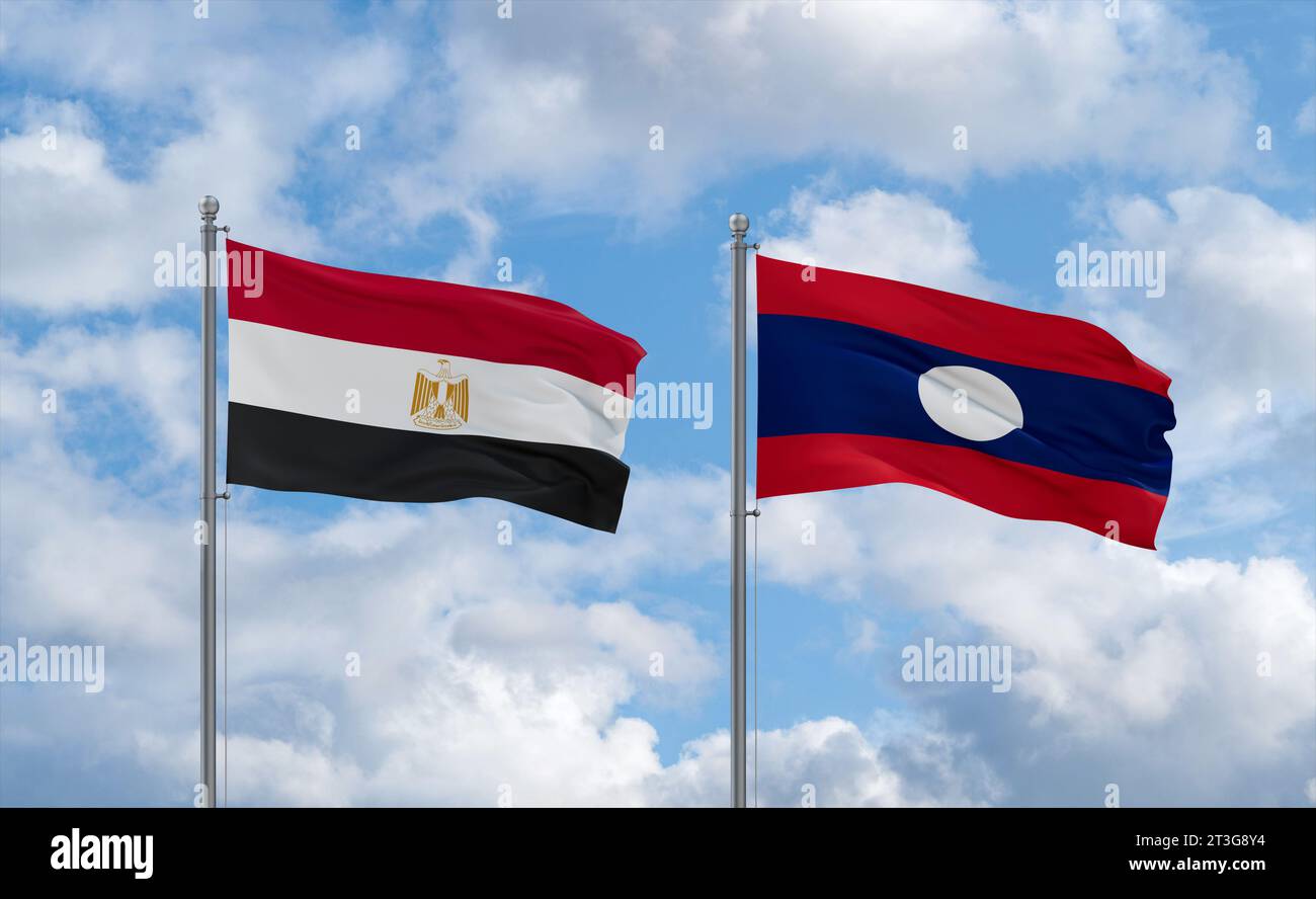 Laos and Egypt flags waving together on blue cloudy sky, two country ...