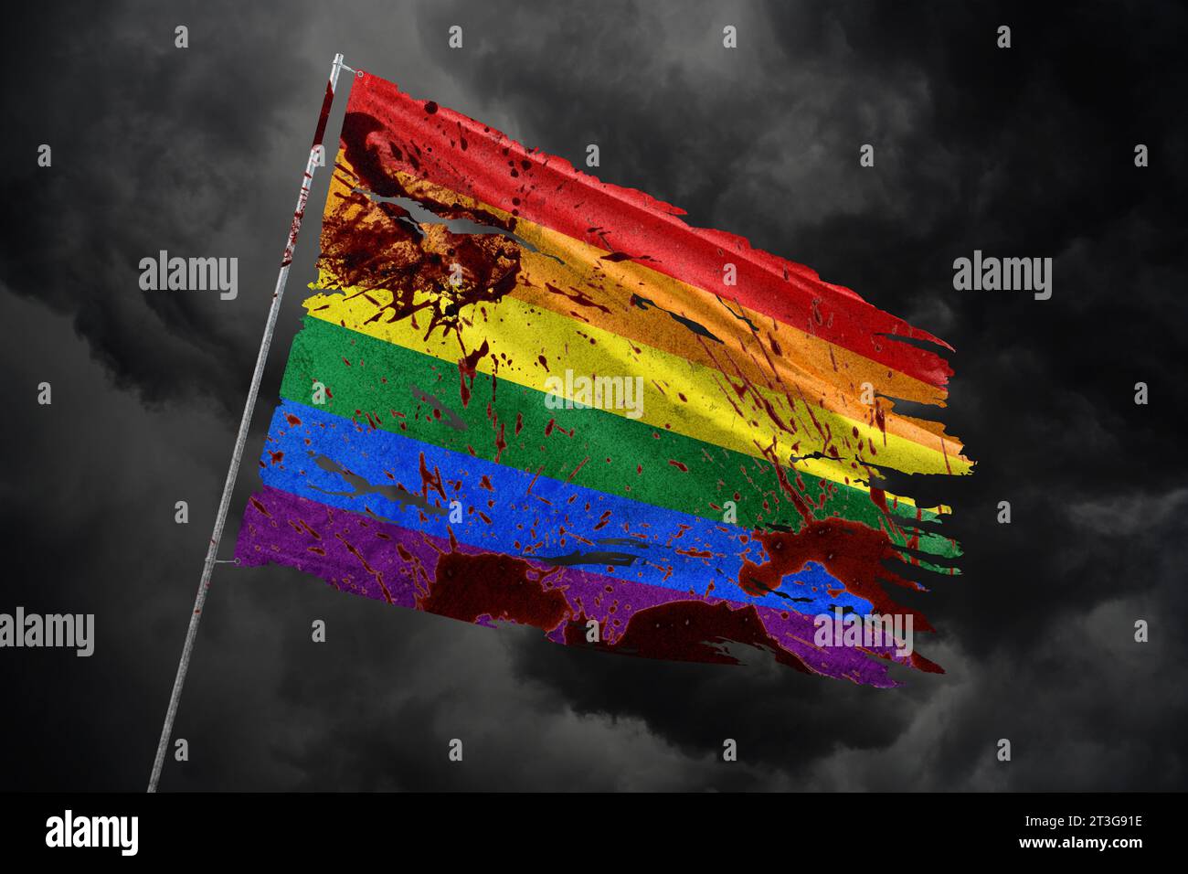 Lgbt torn flag on dark sky background with blood stains Stock Photo - Alamy