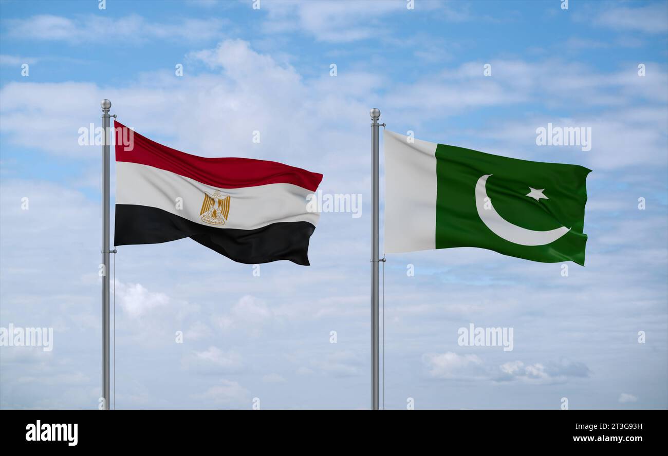 Pakistan and Egypt flags waving together on blue cloudy sky, two ...