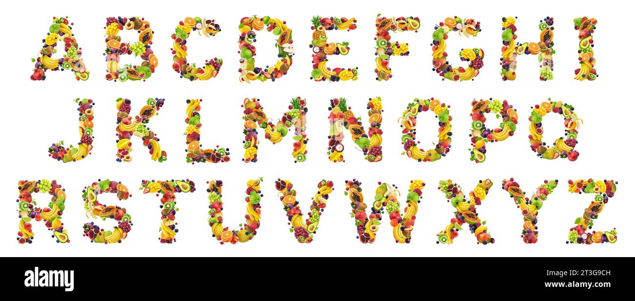 Alphabet with fresh food ingredients, letters made from fruits and ...