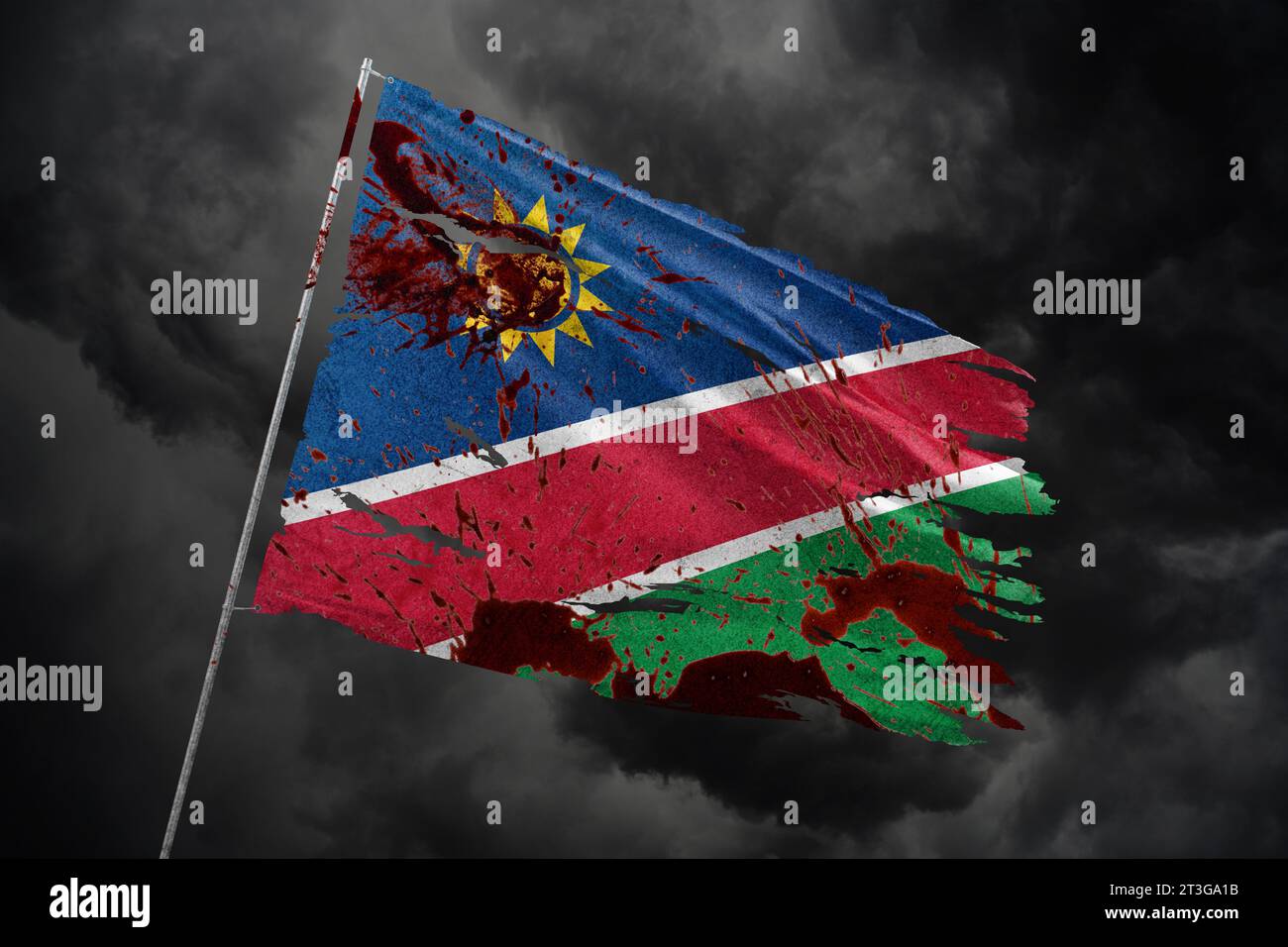 Namibia torn flag on dark sky background with blood stains Stock Photo ...