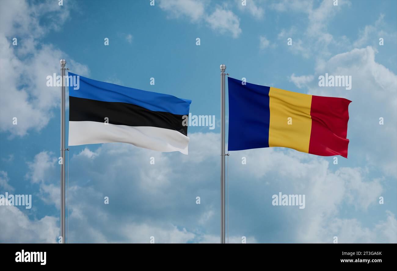 Romania and Estonia flags waving together in the wind on blue cloudy ...