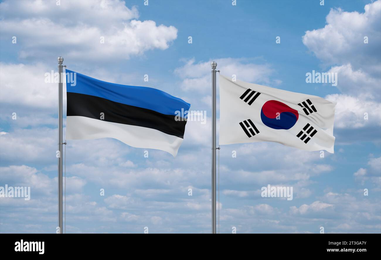 South Korea or Republic of Korea or ROK and Estonia flags waving ...