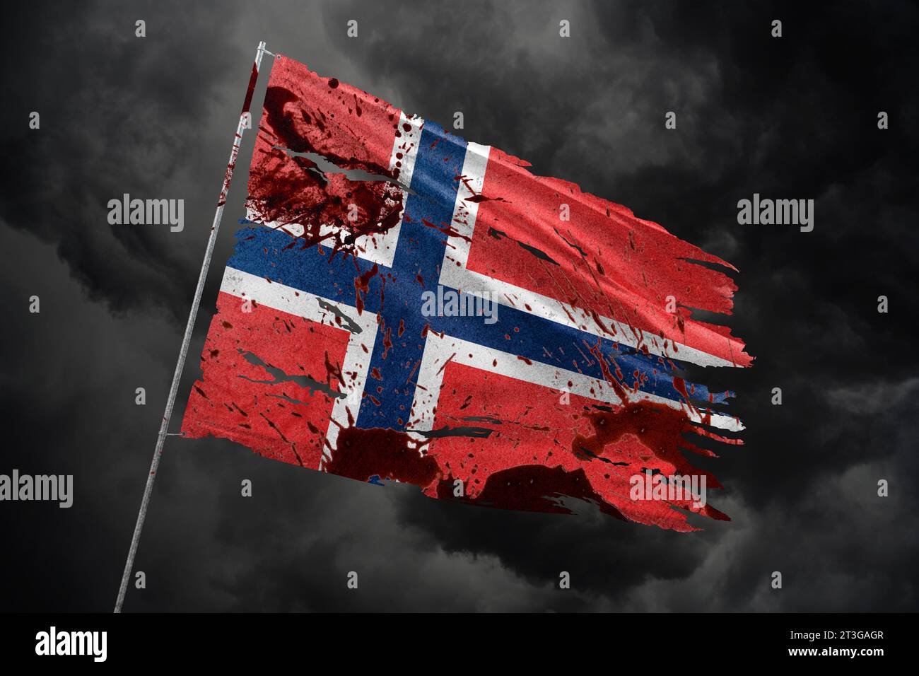 Norway torn flag on dark sky background with blood stains Stock Photo ...
