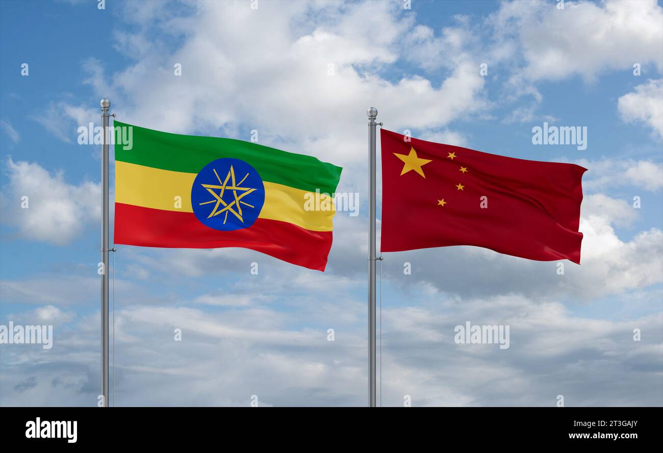 China and Ethiopia flags waving together on blue cloudy sky, two ...