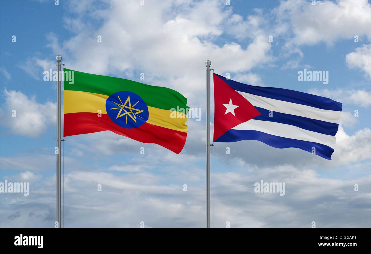 Cuba and Ethiopia flags waving together in the wind on blue cloudy sky ...