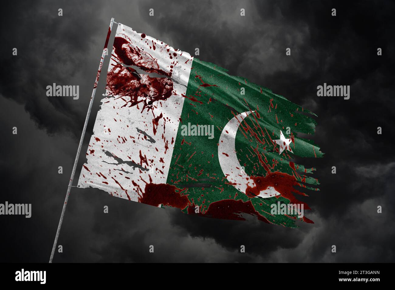 Pakistan torn flag on dark sky background with blood stains Stock Photo ...