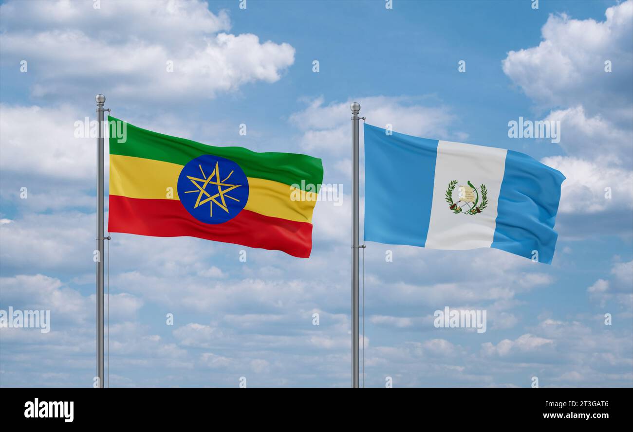 Guatemala and Ethiopia flags waving together on blue cloudy sky, two country relationship ...