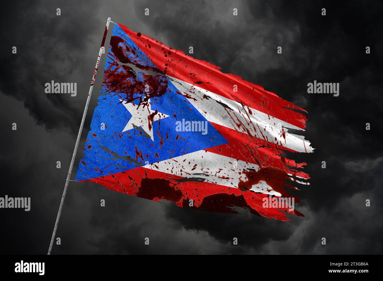 Puerto Rico torn flag on dark sky background with blood stains Stock ...