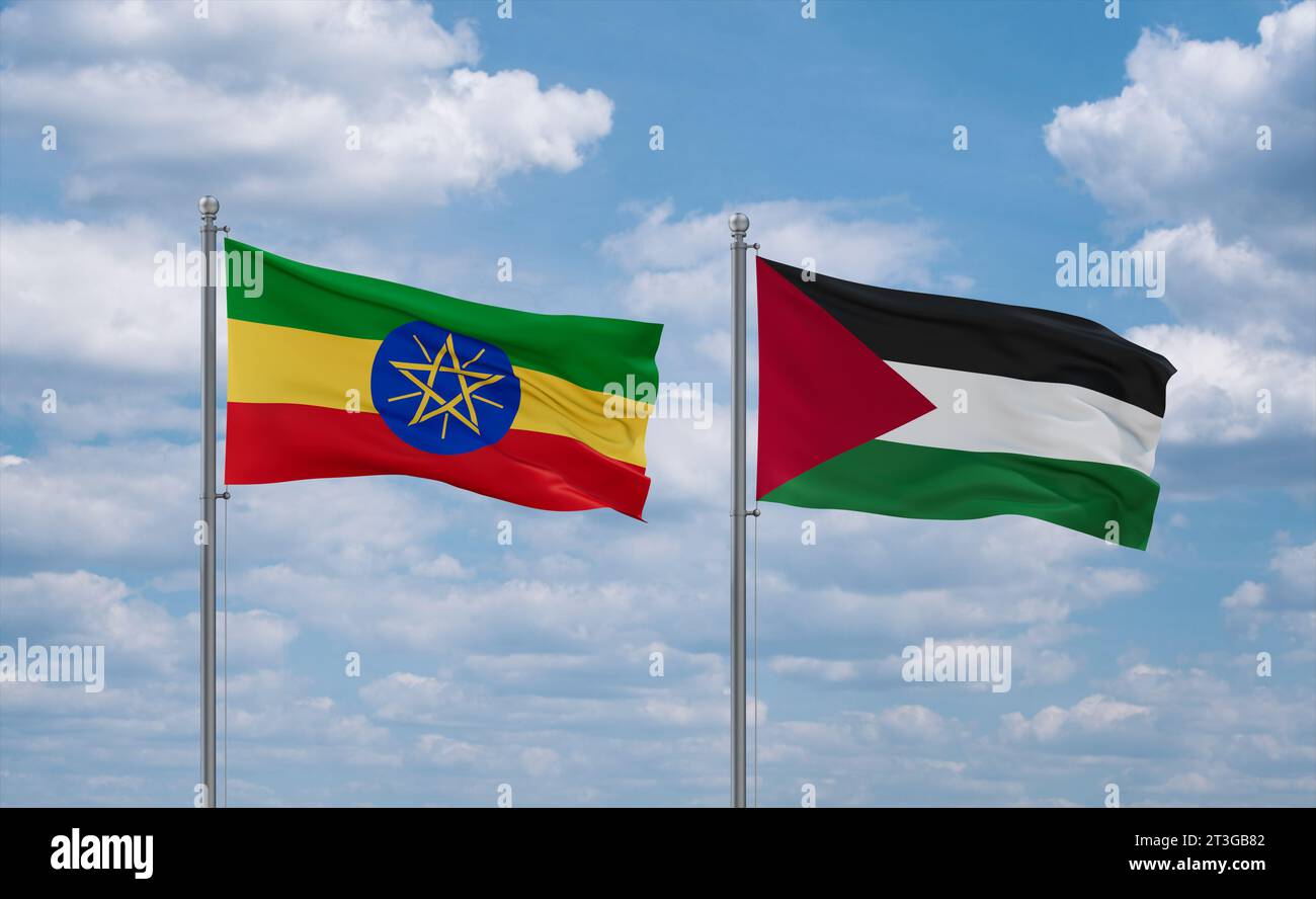 Palestine and Gaza Strip and Ethiopia flags waving together on blue ...