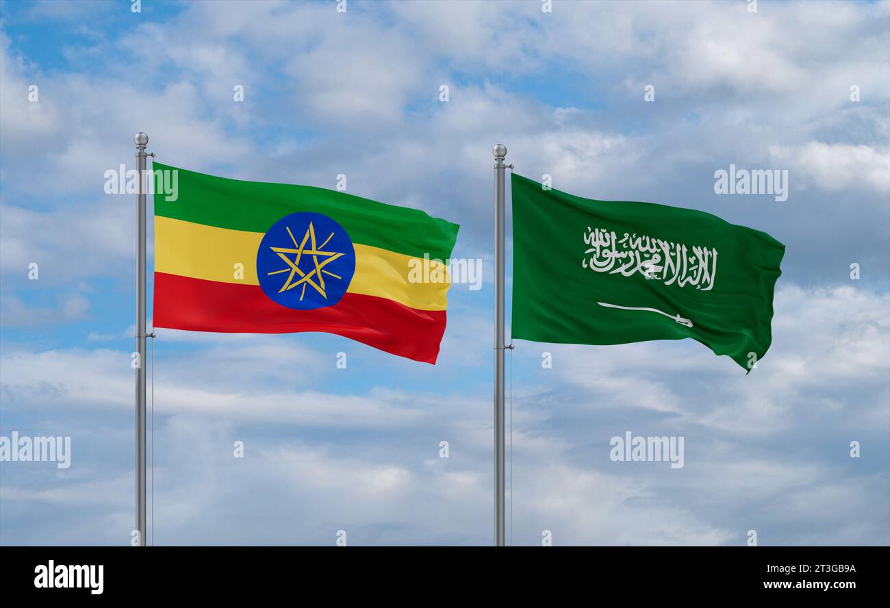 Ethiopia and Saudi Arabia flags waving together in the wind on blue ...