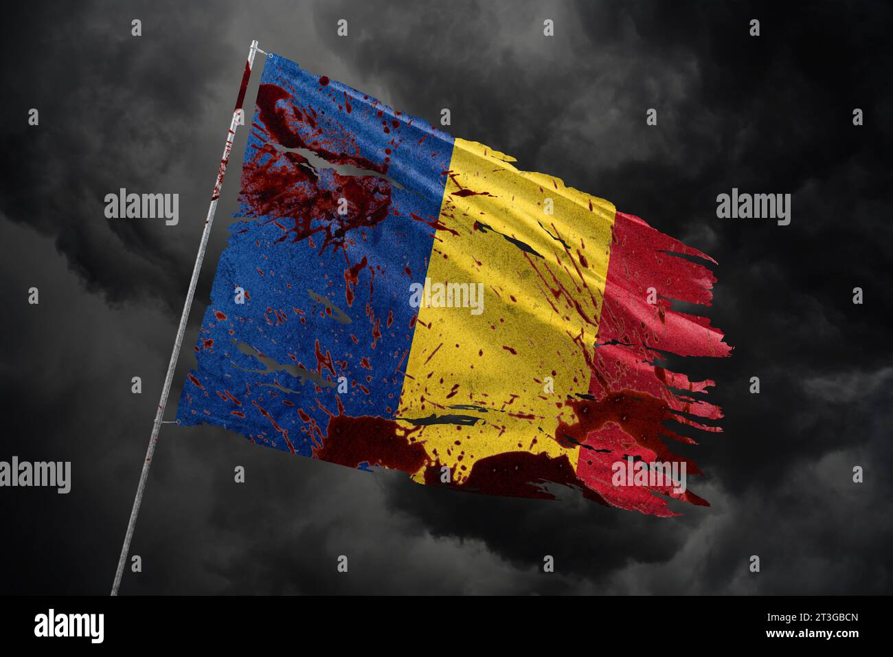 Romania torn flag on dark sky background with blood stains Stock Photo ...