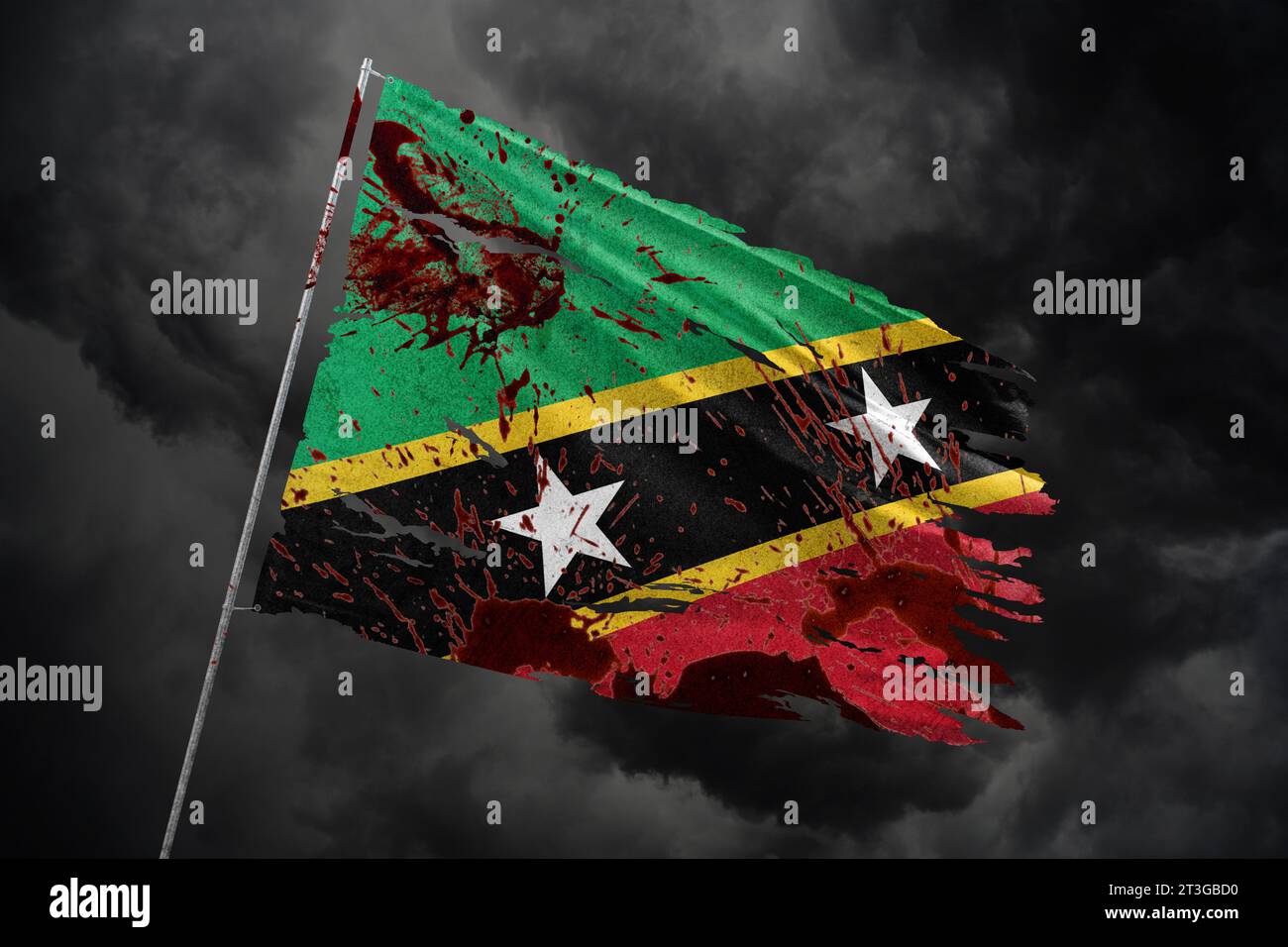 Saint Kitts and Nevis torn flag on dark sky background with blood ...