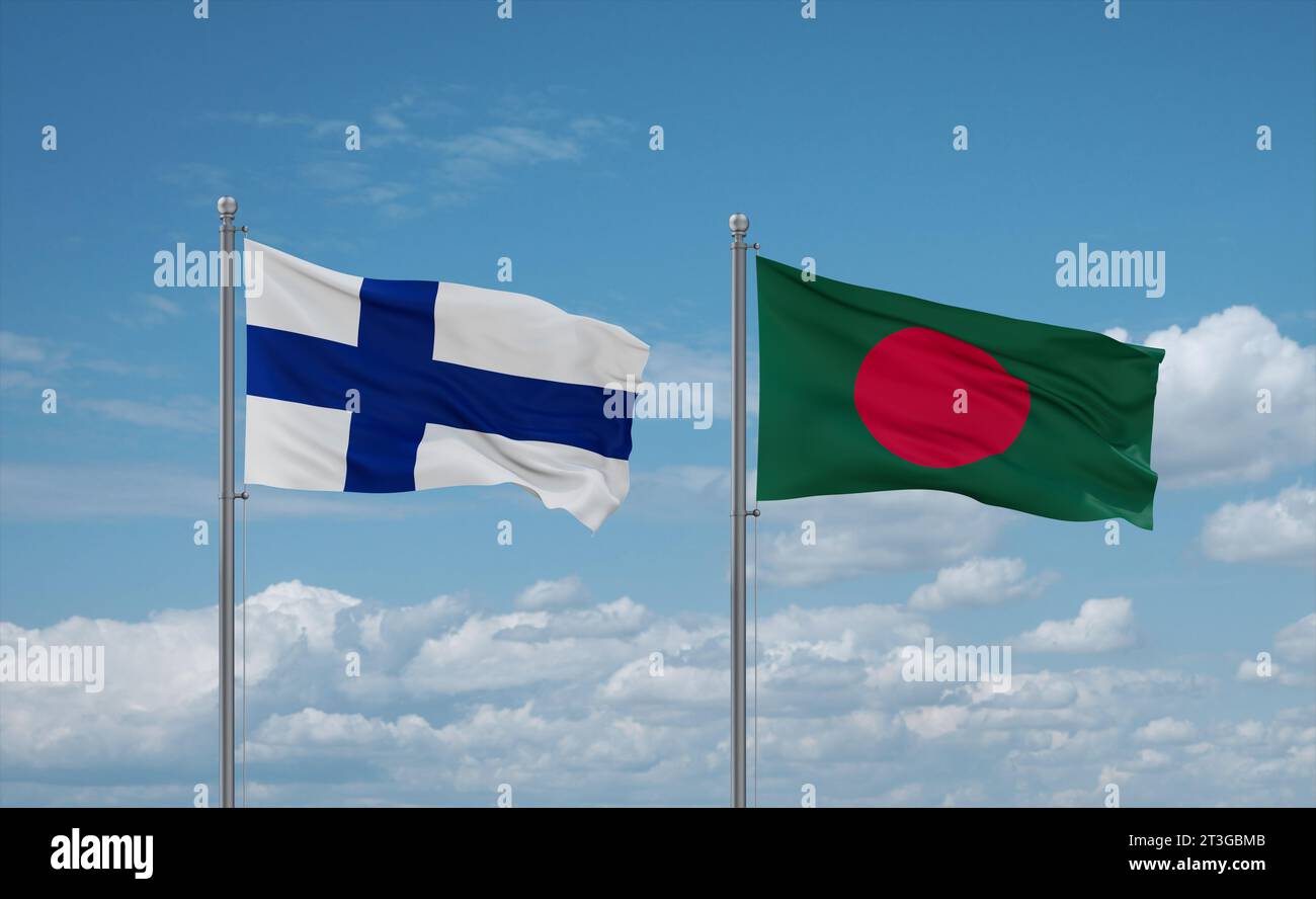 Bangladesh and Finland flags waving together on blue cloudy sky, two country relationship ...