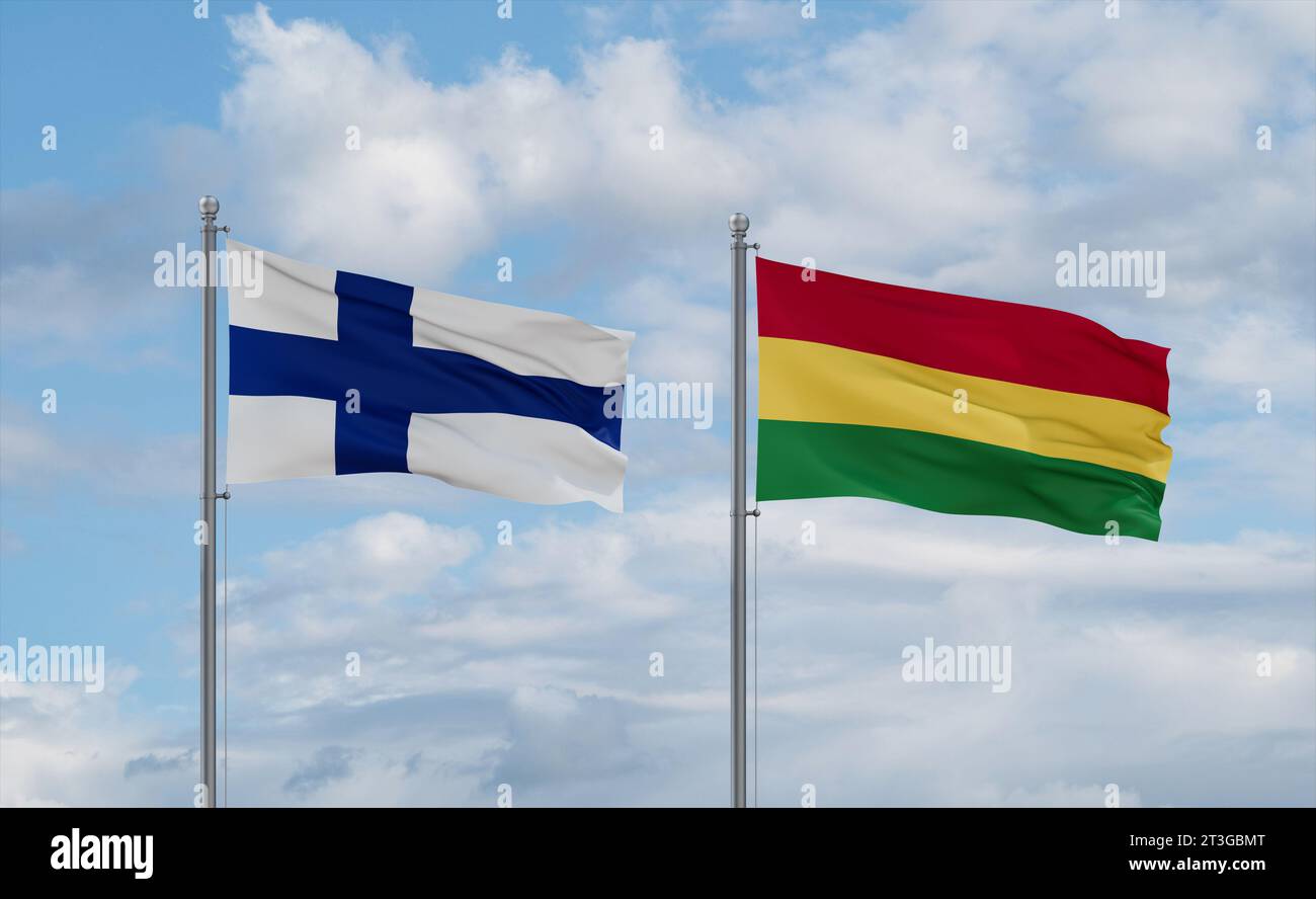 Bolivia and Finland flags waving together on blue cloudy sky, two country relationship concept ...