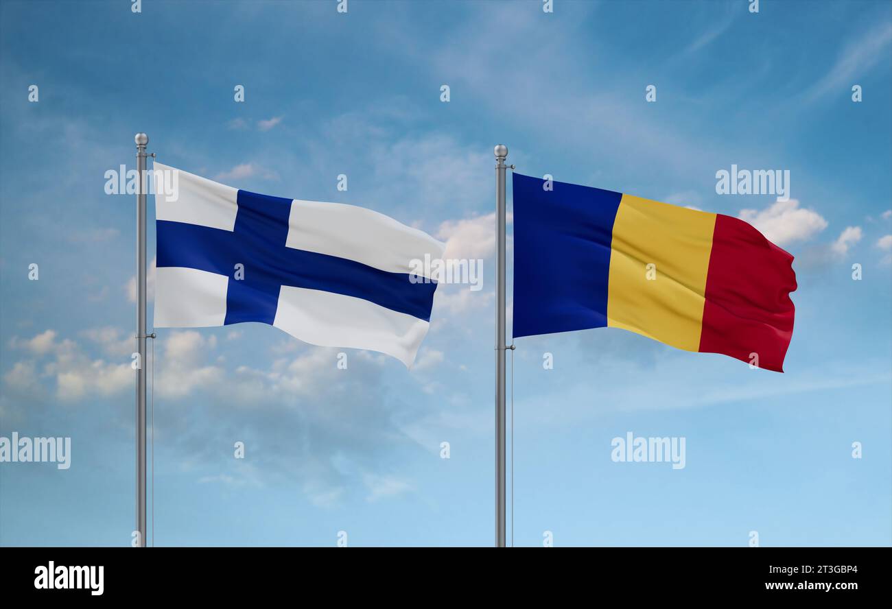 Republic of Chad and Finland flags waving together in the wind on blue ...