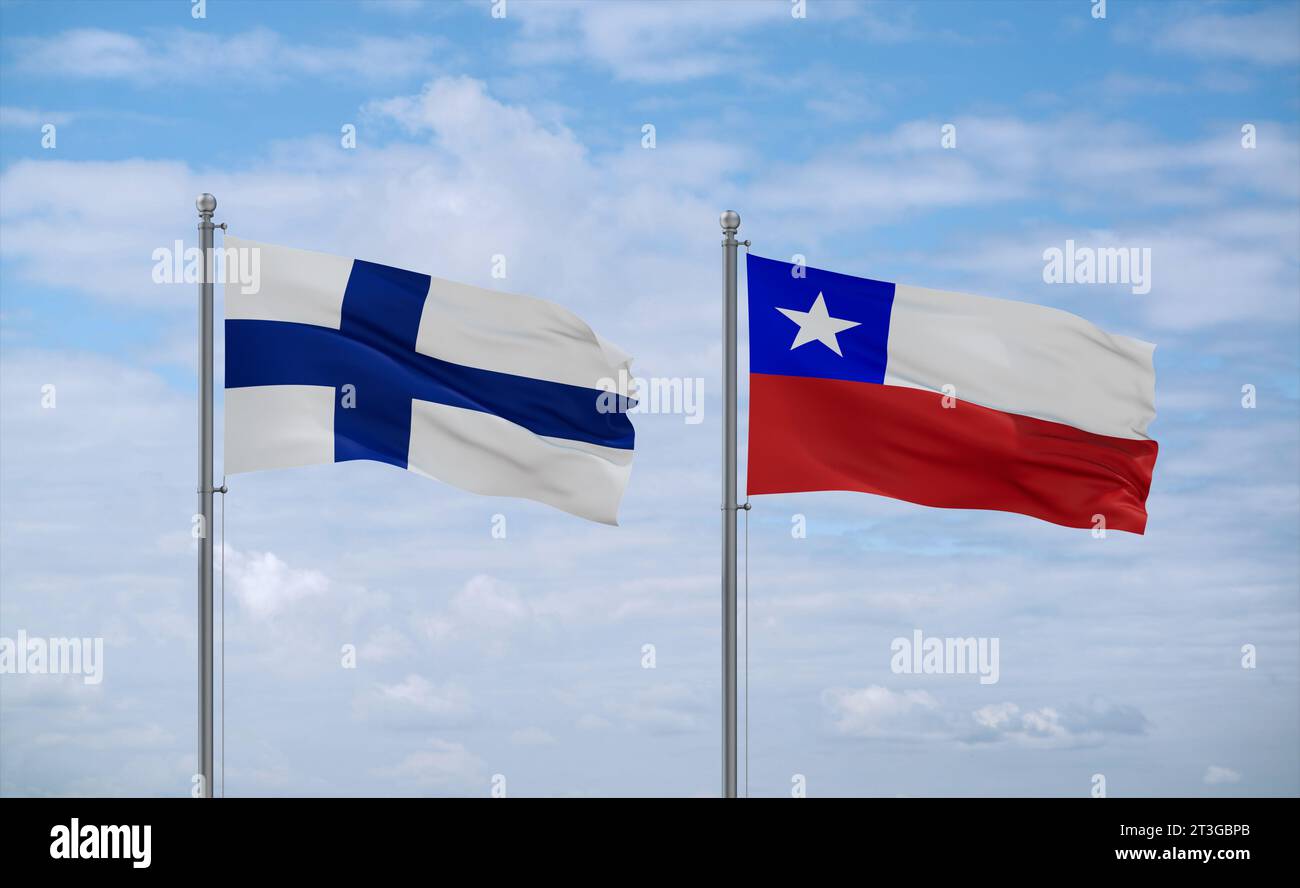 Chile and Finland flags waving together on blue cloudy sky, two country relationship concept ...