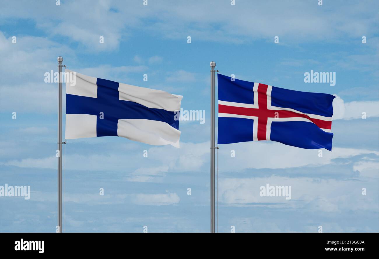 Iceland and Finland flags waving together in the wind on blue cloudy sky, two country ...