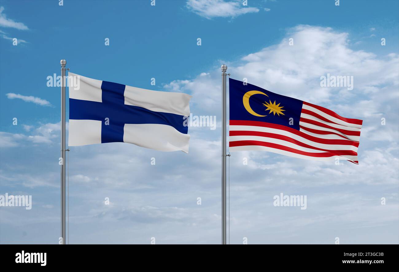 Malaysia and Finland flags waving together in the wind on blue cloudy sky, two country ...