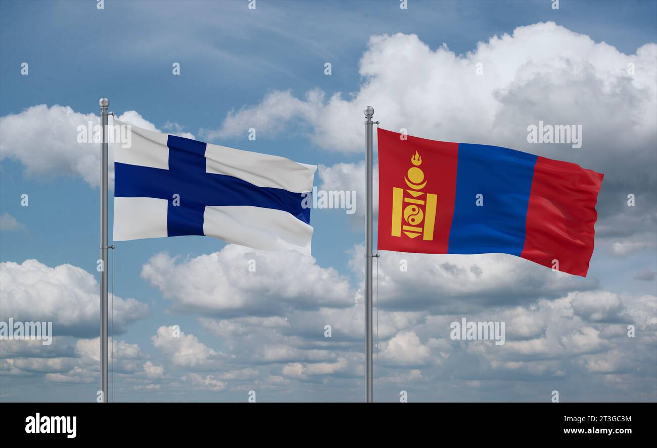 Mongolia and Finland flags waving together in the wind on blue cloudy sky, two country ...