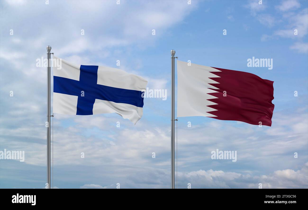 Qatar and Finland flags waving together in the wind on blue cloudy sky ...