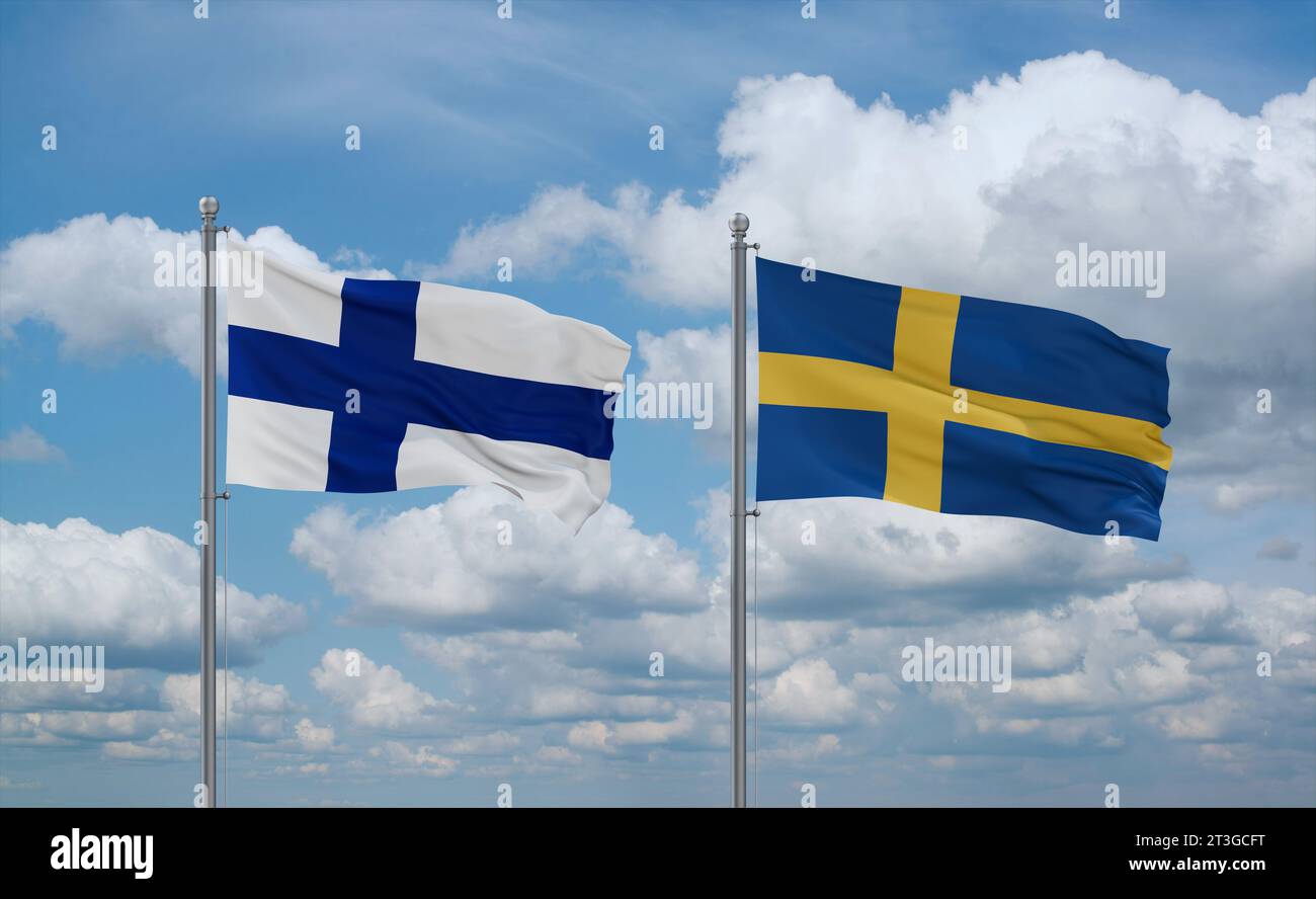 Sweden and Finland flags waving together in the wind on blue cloudy sky, two country ...