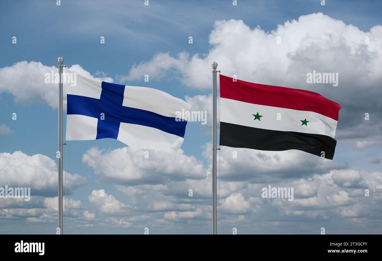 Syrian Arab Republic, Syria and Finland flags waving together in the ...