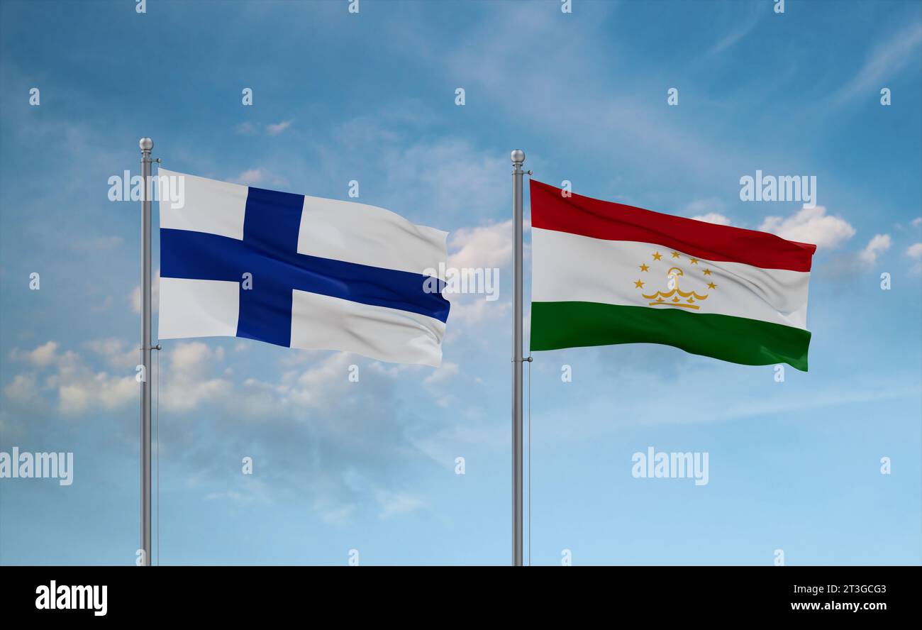 Tajikistan and Finland flags waving together in the wind on blue cloudy sky, two country ...
