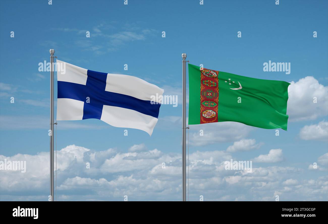 Turkmenistan and Finland flags waving together in the wind on blue cloudy sky, two country ...