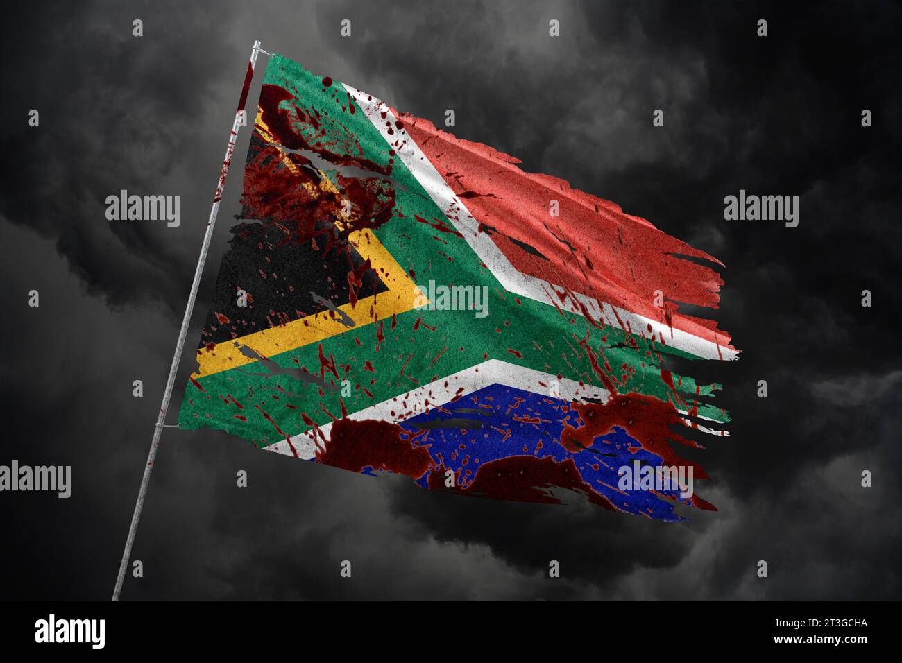 South Africa torn flag on dark sky background with blood stains Stock ...