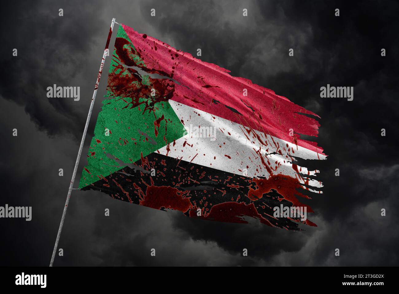Sudan torn flag on dark sky background with blood stains Stock Photo ...