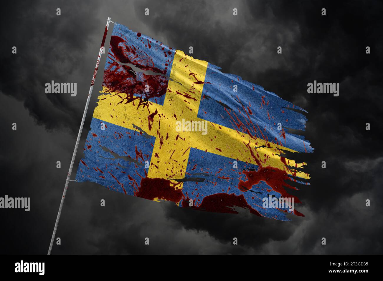 Sweden torn flag on dark sky background with blood stains Stock Photo ...
