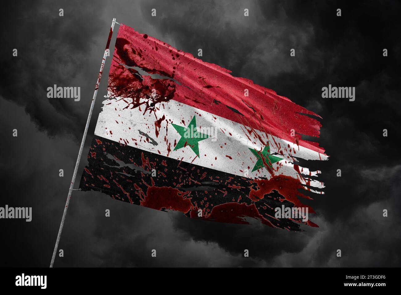 Syria torn flag on dark sky background with blood stains Stock Photo ...