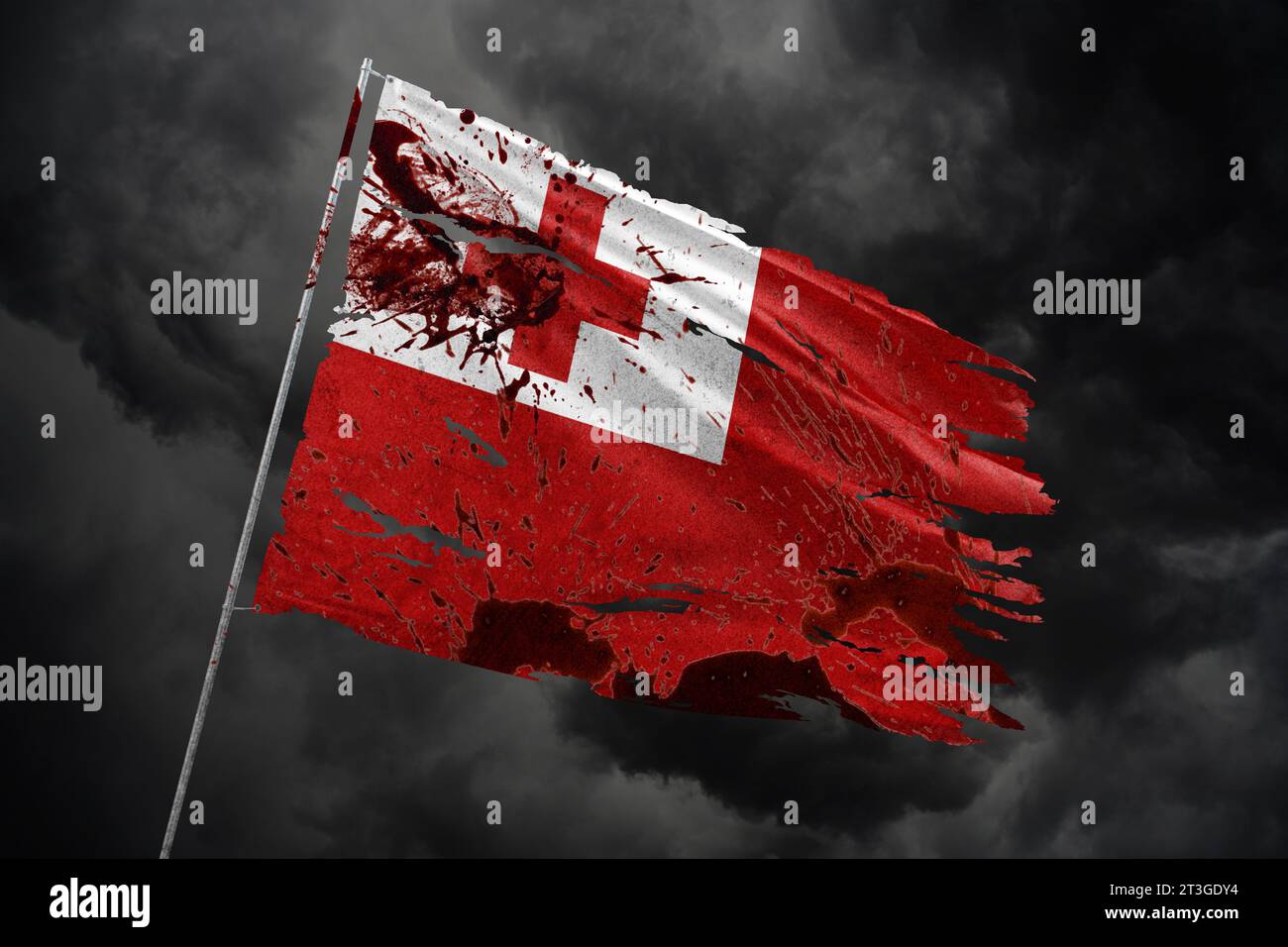 Tonga torn flag on dark sky background with blood stains Stock Photo ...