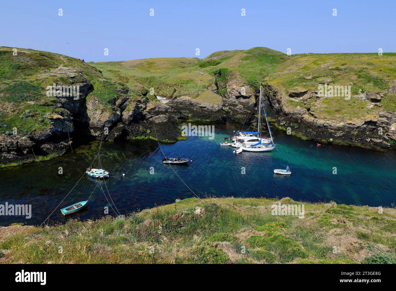 France, Morbihan, Belle Ile en Mer, Wild Coast, Sauzon, boats at anchor ...