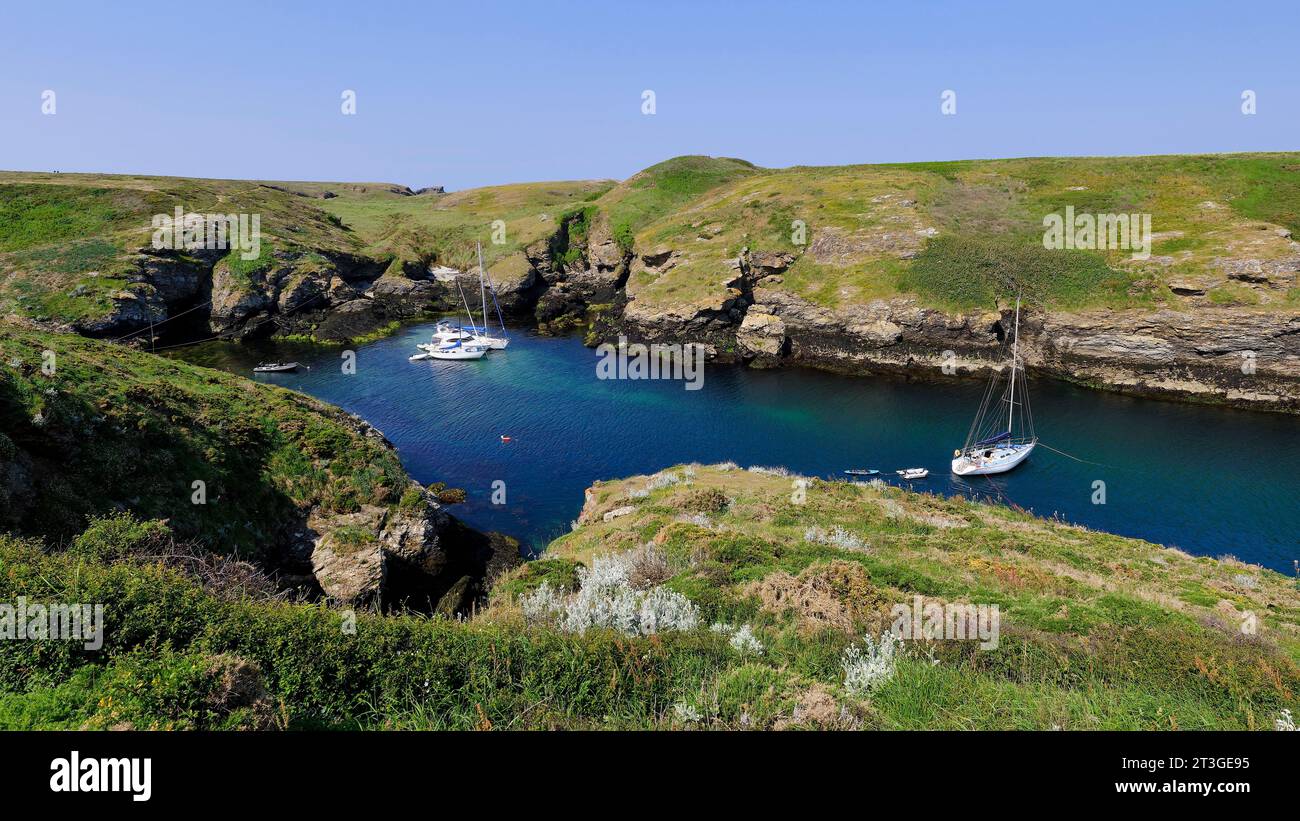 France, Morbihan, Belle Ile en Mer, Wild Coast, Sauzon, boats at anchor ...