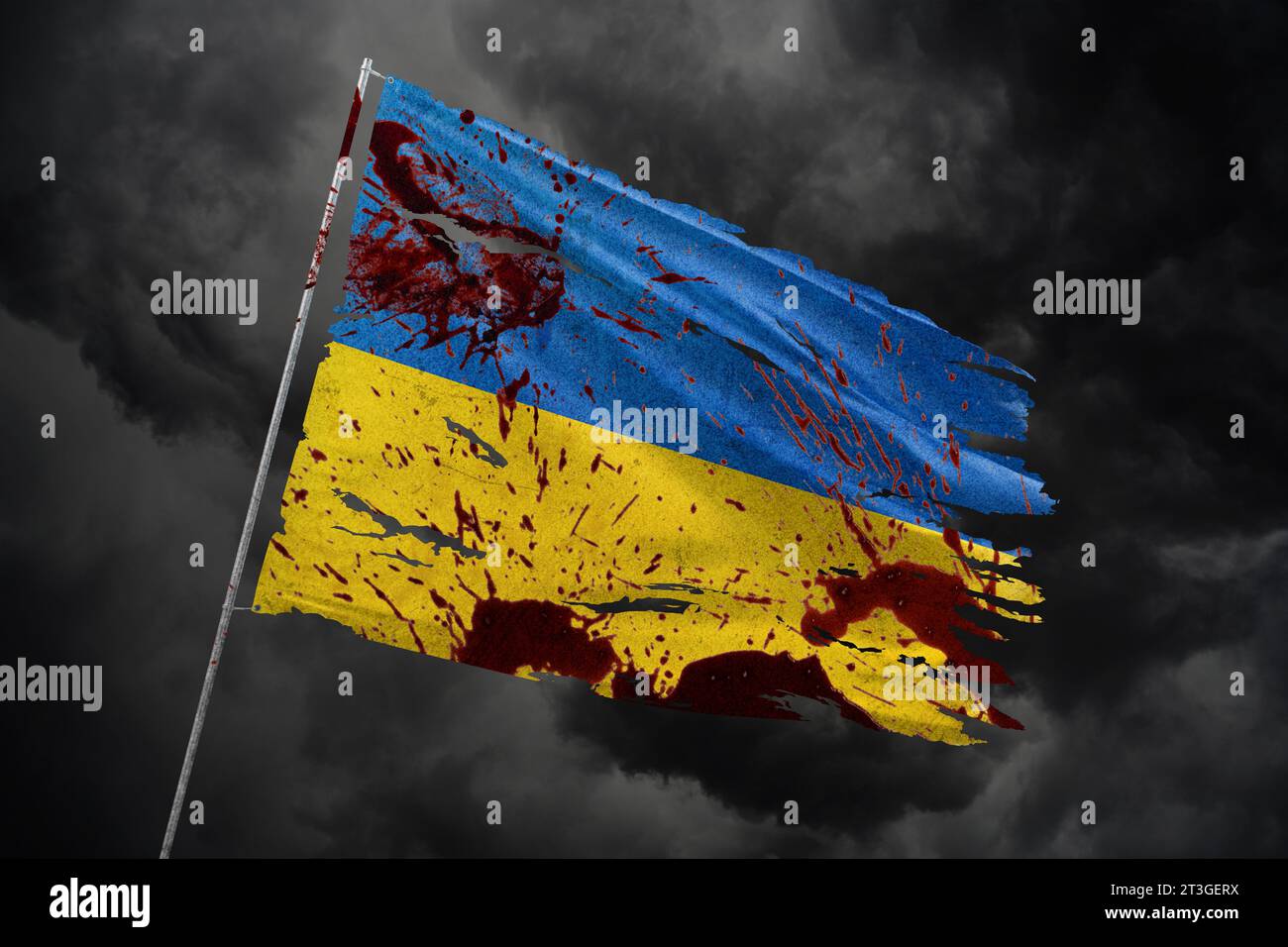 Ukraine torn flag on dark sky background with blood stains Stock Photo ...